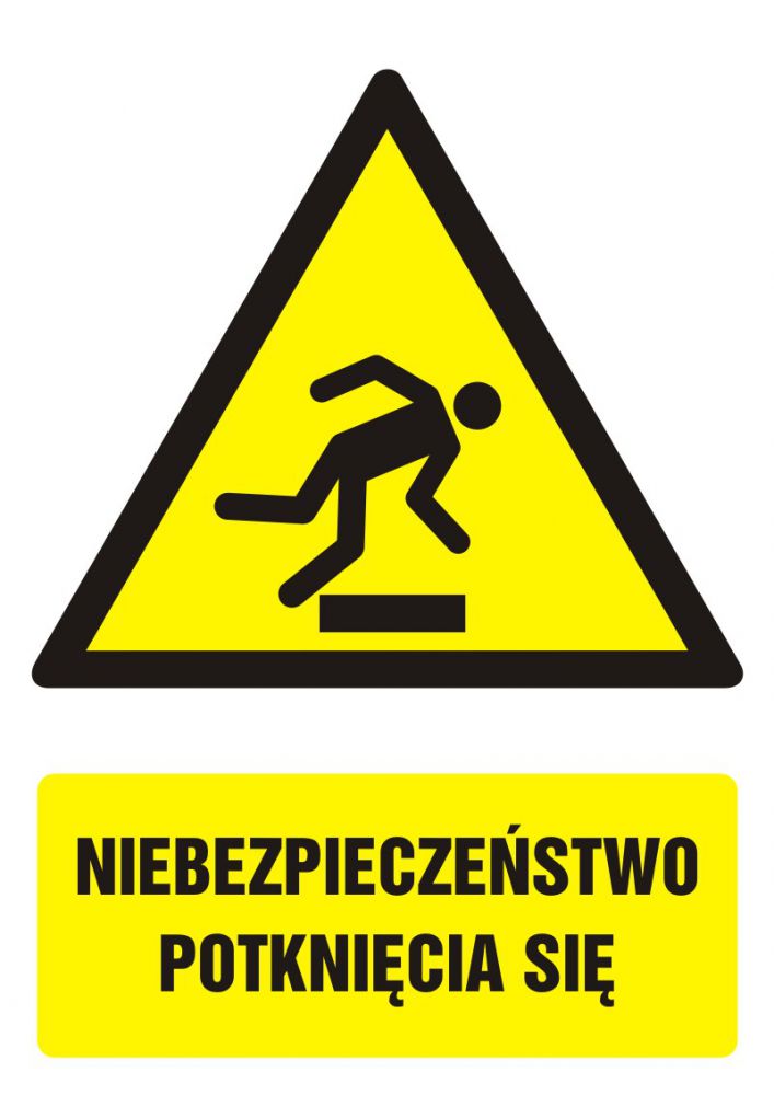 Znak BHP - niebezpieczeństwo potknięcia się z opisem (piktogram BHP ...